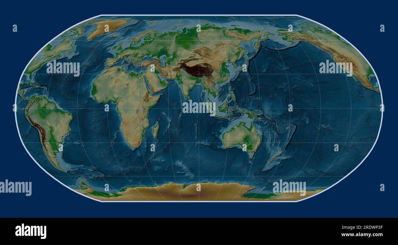World physical elevation map in the Robinson projection centered on the ...
