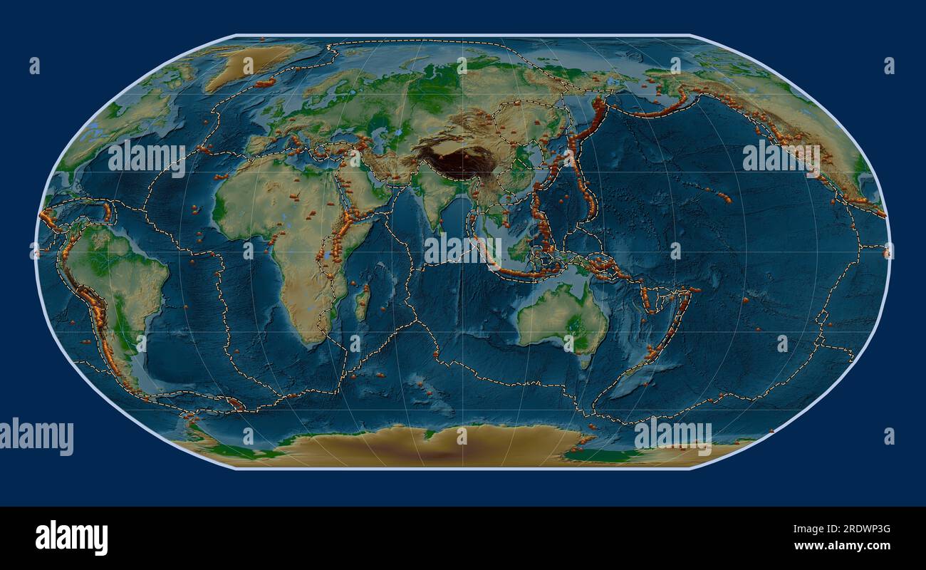 Distribution of known volcanoes on the world physical elevation map in ...