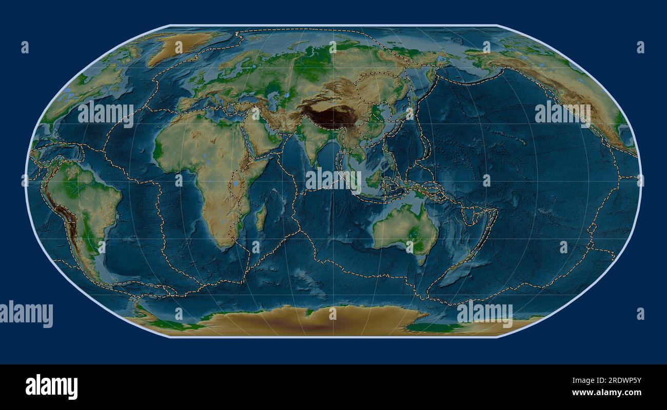Tectonic plate boundaries on the world physical elevation map in the ...