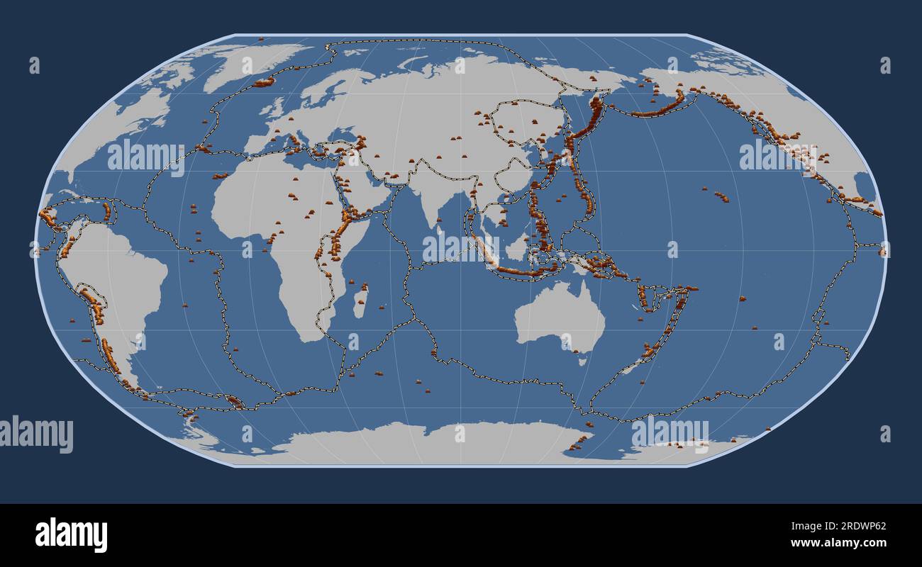 Distribution of known volcanoes on the world solid contour map in the ...