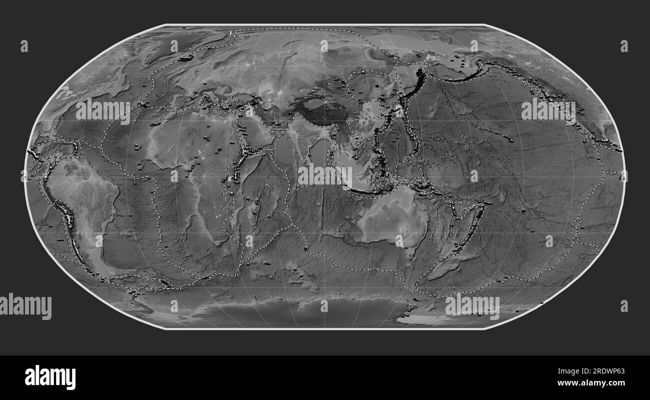 Distribution of known volcanoes on the world grayscale elevation map in ...