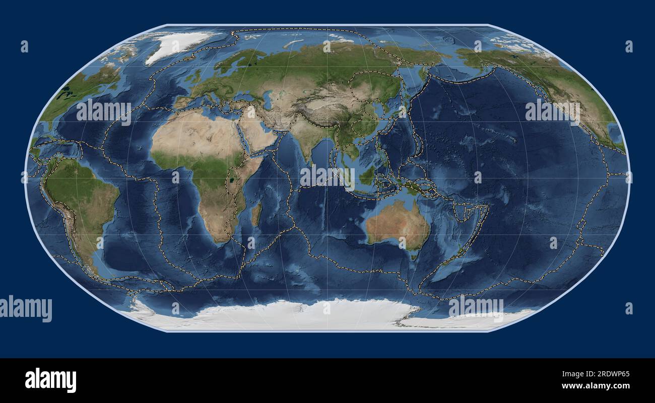 Tectonic plate boundaries on the world blue Marble satellite map in the ...