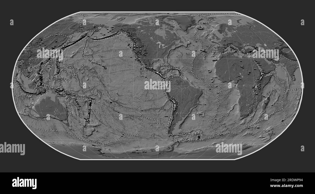 Distribution of known volcanoes on the world bilevel elevation map in ...
