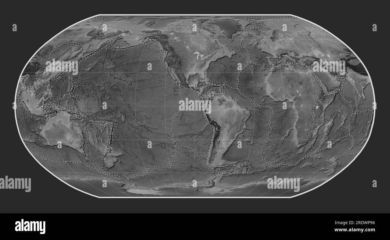 Tectonic plate boundaries on the world grayscale elevation map in the ...