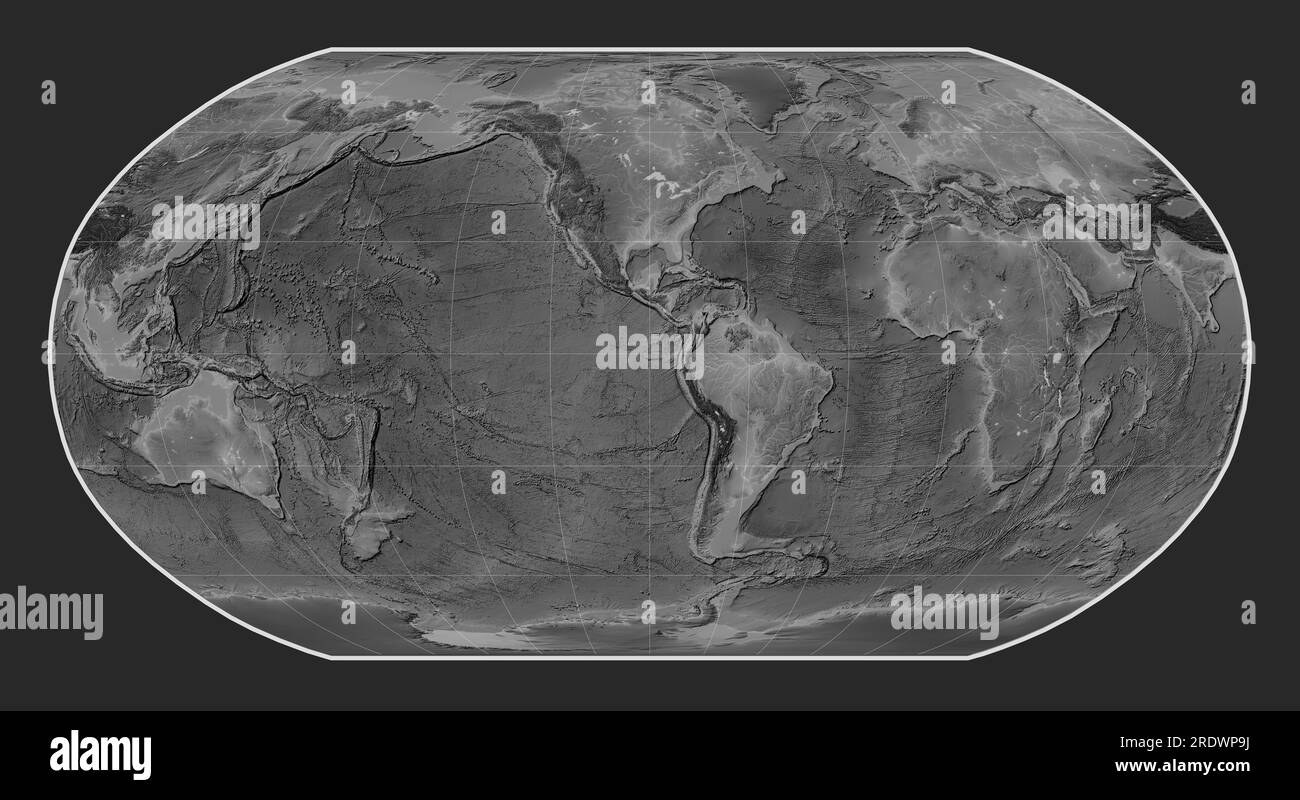 World grayscale elevation map in the Robinson projection centered on ...