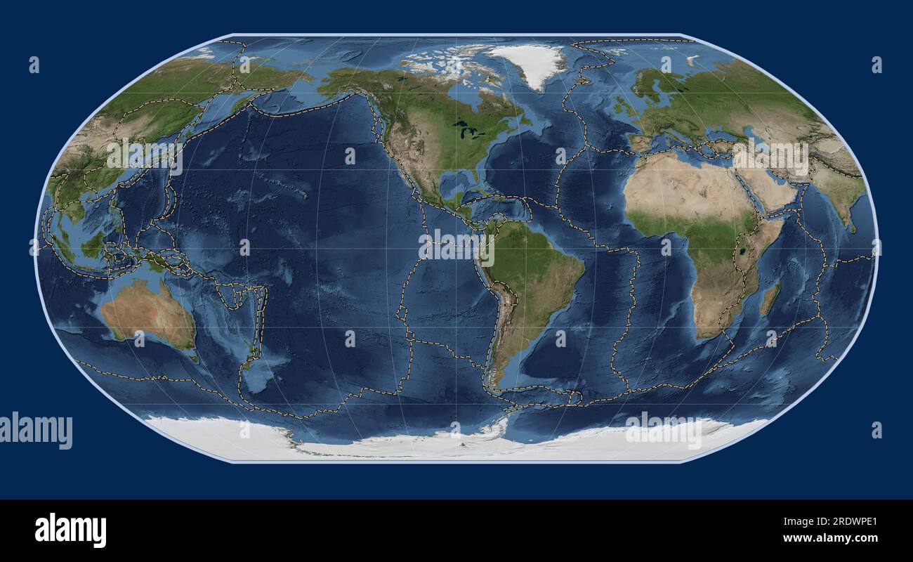 Tectonic plate boundaries on the world blue Marble satellite map in the ...