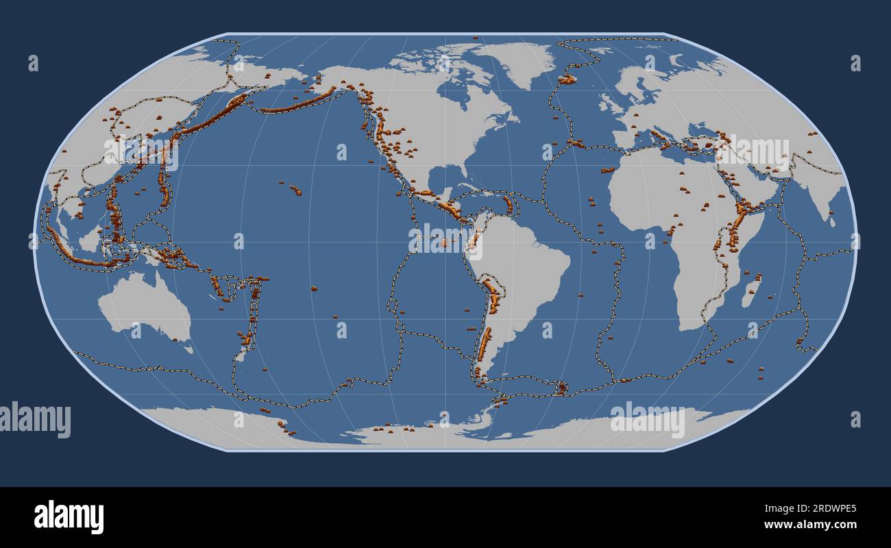 Distribution of known volcanoes on the world solid contour map in the ...