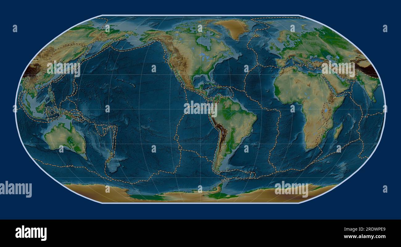Tectonic plate boundaries on the world physical elevation map in the ...