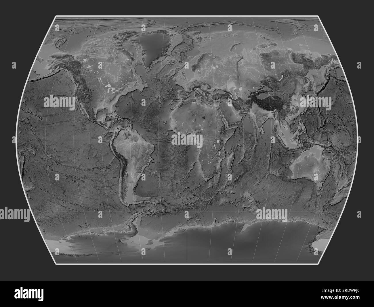 World grayscale elevation map in the Times projection centered on the ...