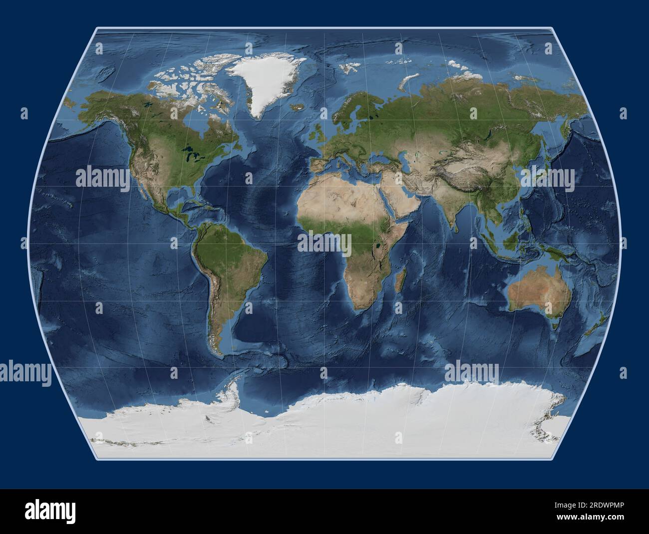 World blue Marble satellite map in the Times projection centered on the ...