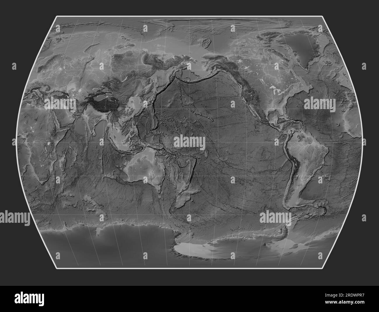 World grayscale elevation map in the Times projection centered on the ...