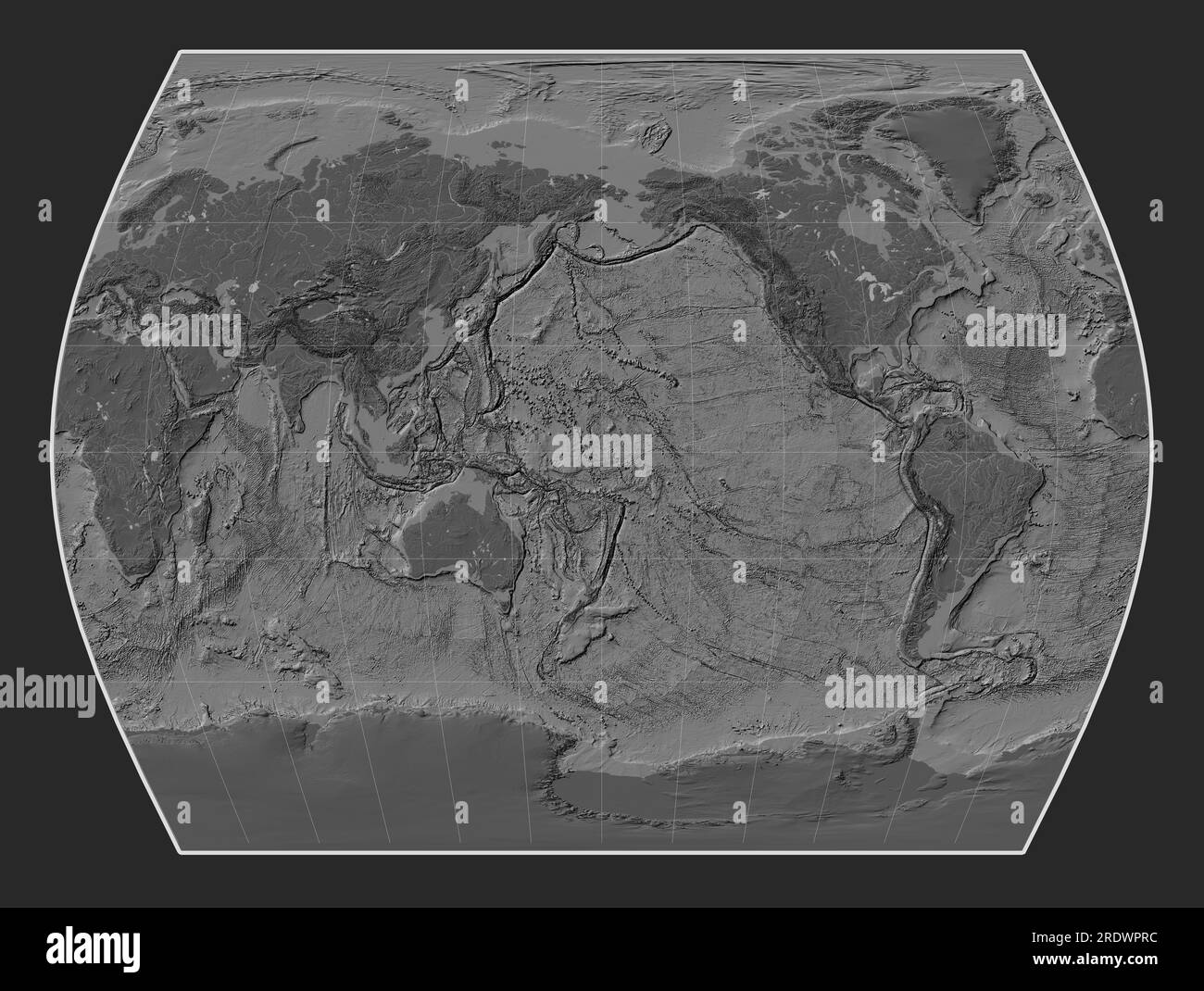 World bilevel elevation map in the Times projection centered on the ...