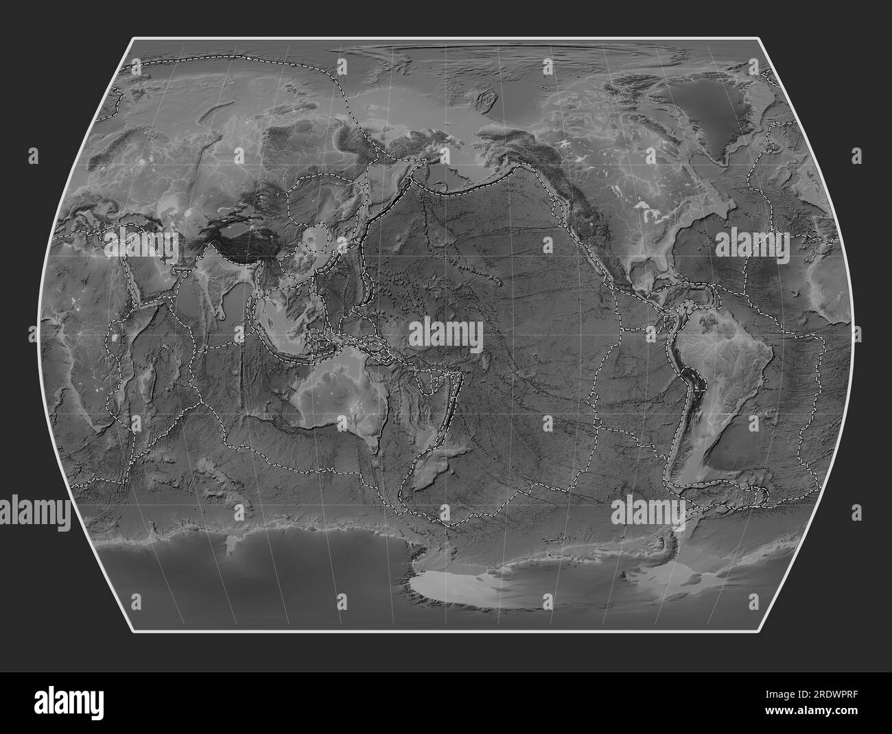 Tectonic plate boundaries on the world grayscale elevation map in the ...