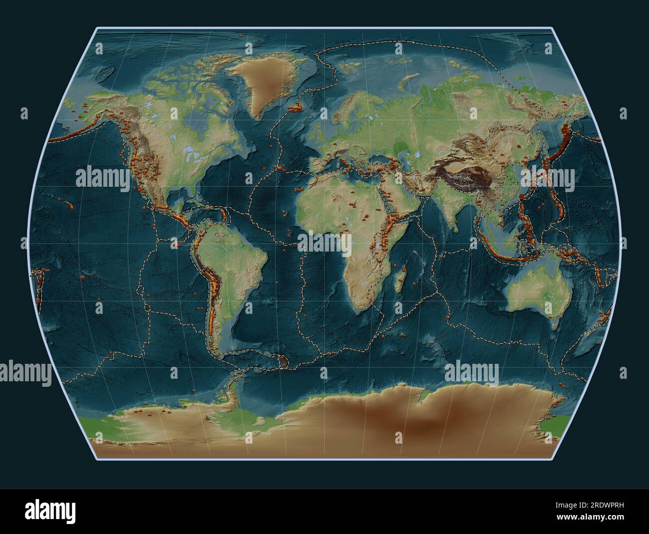 Distribution of known volcanoes on the world wiki style elevation map ...