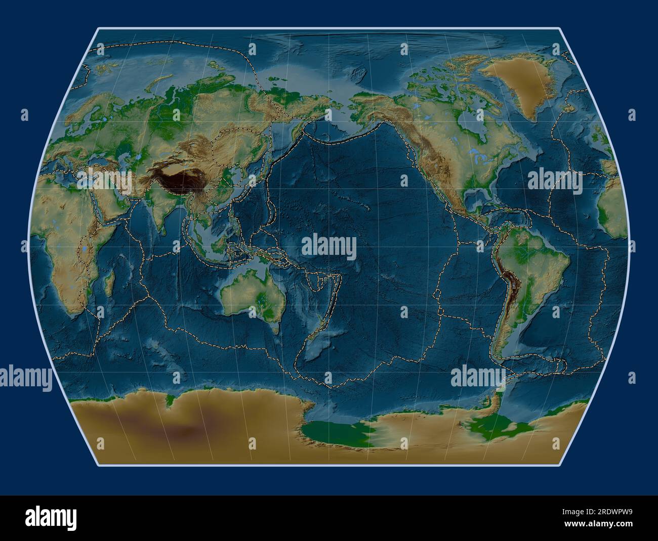 Tectonic plate boundaries on the world physical elevation map in the ...