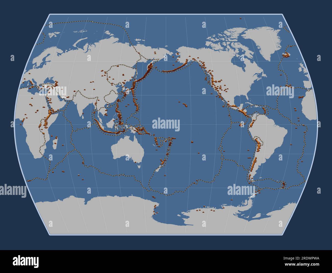 Distribution of known volcanoes on the world solid contour map in the ...