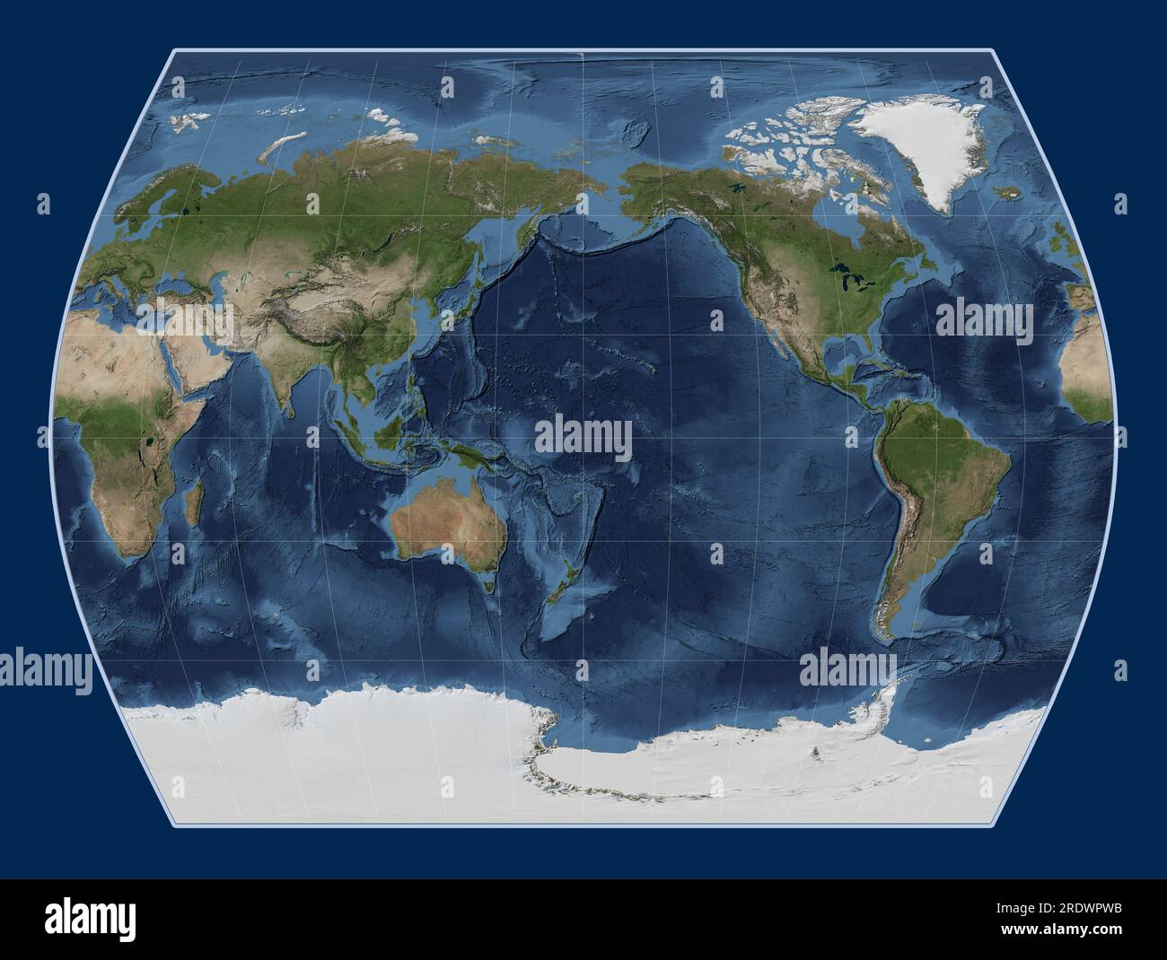 World blue Marble satellite map in the Times projection centered on the ...