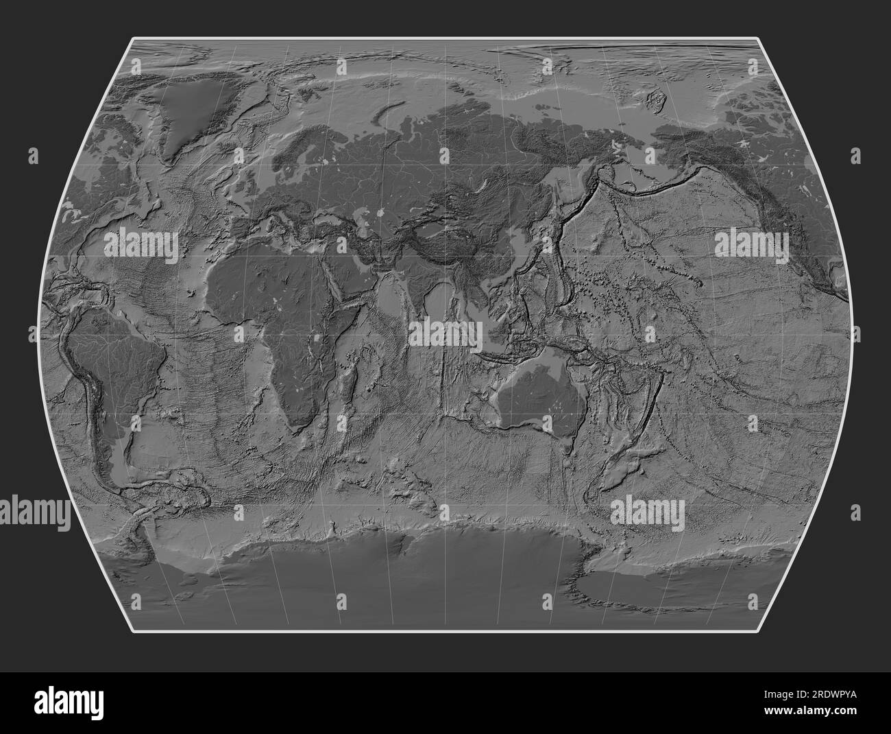 World bilevel elevation map in the Times projection centered on the ...