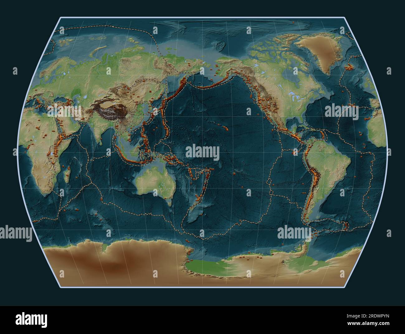 Distribution of known volcanoes on the world wikipedia style elevation ...