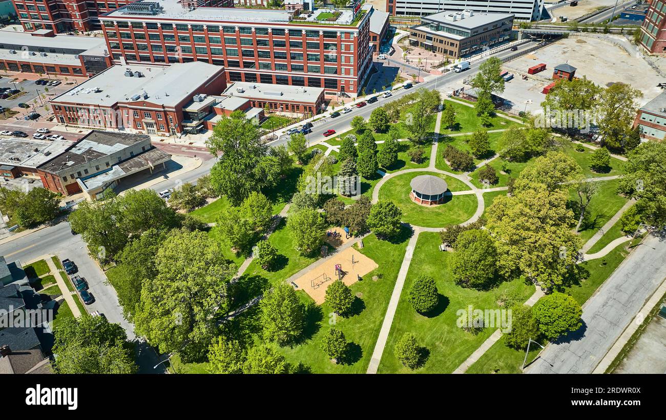 Aerial General Electric Works factory building refurbished near park in ...