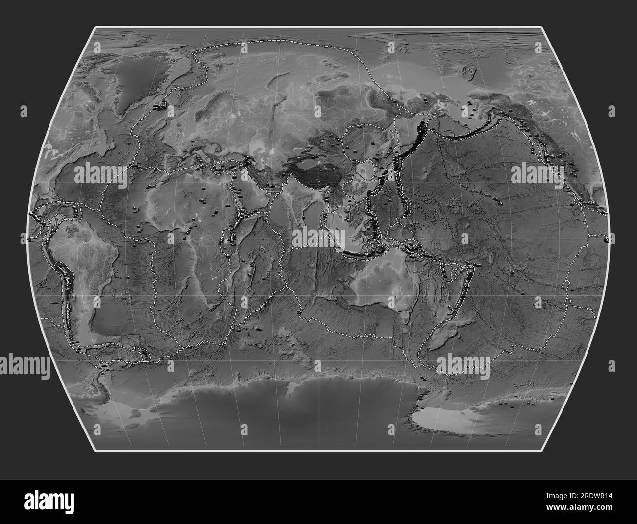 Distribution of known volcanoes on the world grayscale elevation map in ...