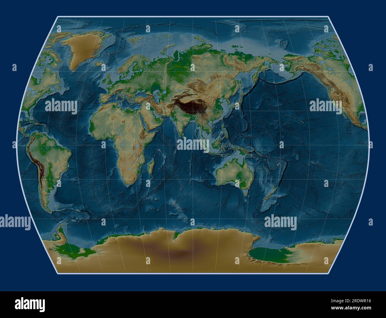 World physical elevation map in the Times projection centered on the ...