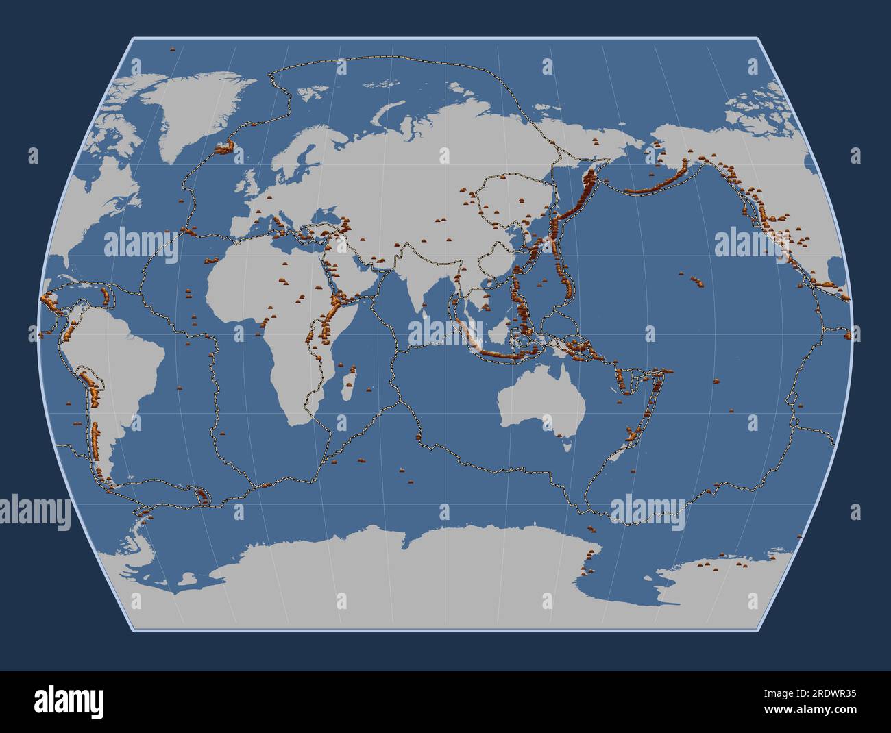 Distribution of known volcanoes on the world solid contour map in the ...