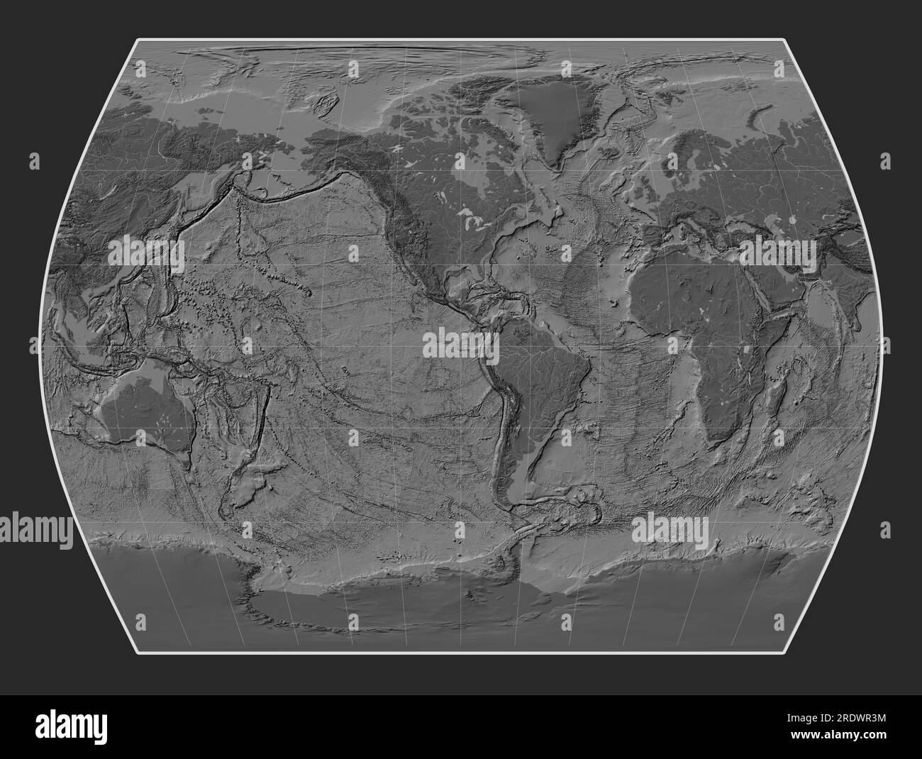 World bilevel elevation map in the Times projection centered on the ...
