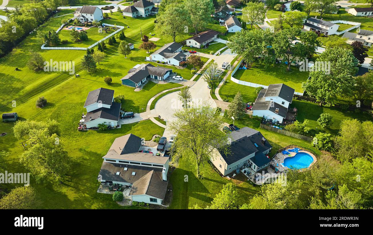 Middleclass suburban neighborhood small cul-de-sac and two in ground ...