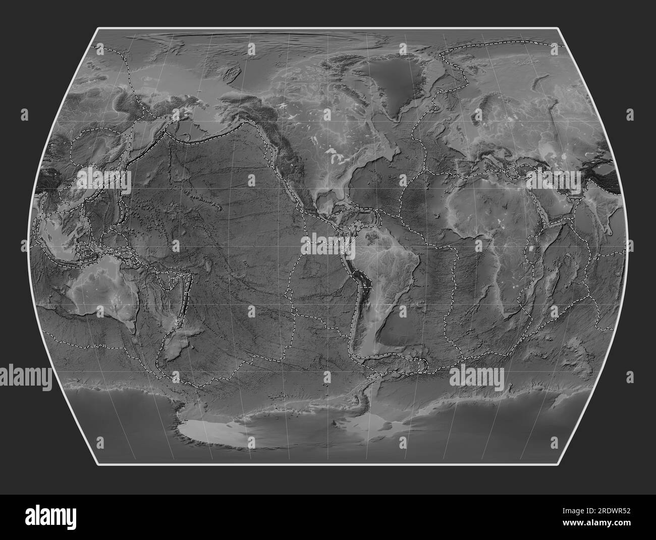 Tectonic Plate Boundaries On The World Grayscale Elevation Map In The Times Projection Centered