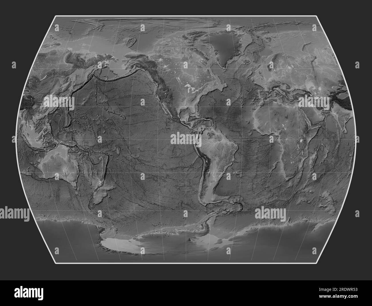 World grayscale elevation map in the Times projection centered on the ...