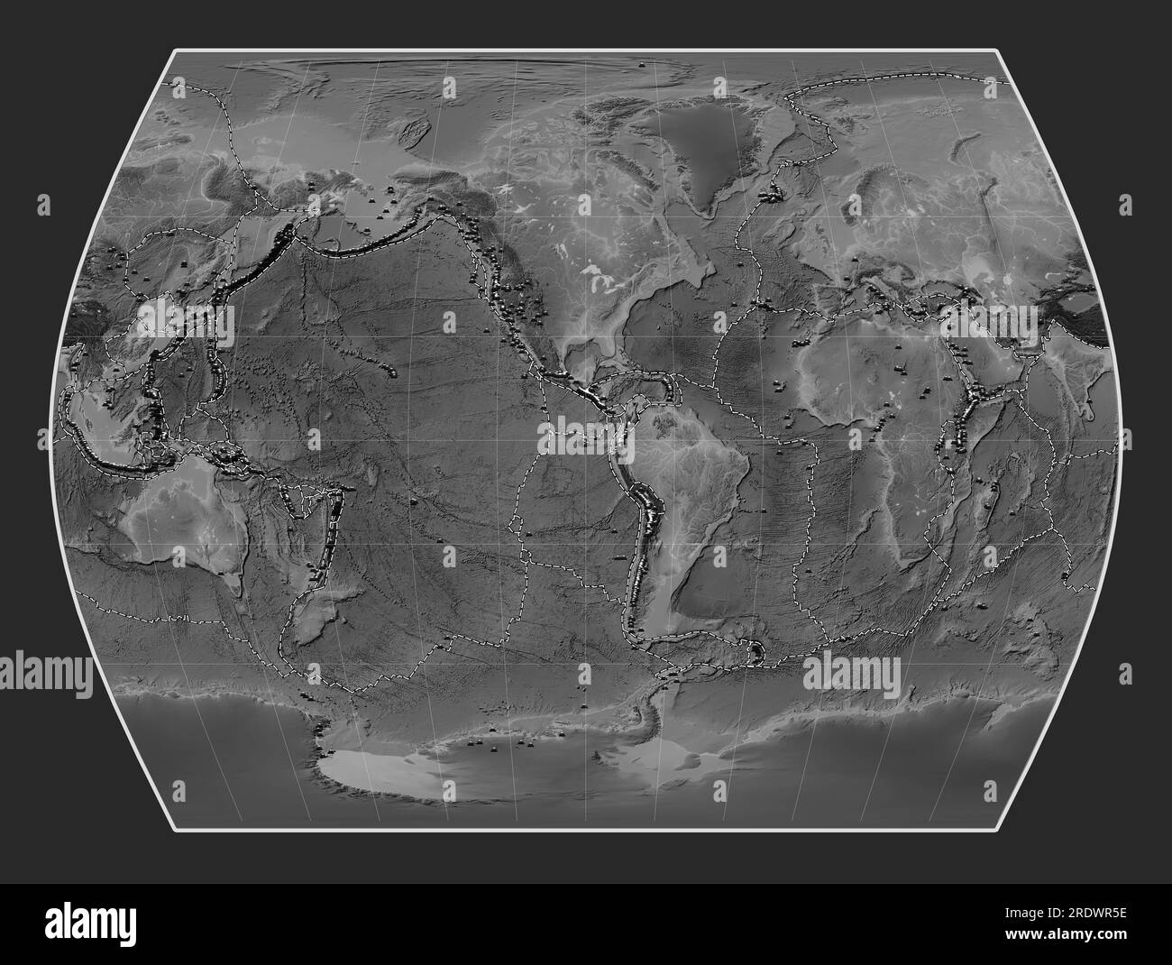 Distribution of known volcanoes on the world grayscale elevation map in ...