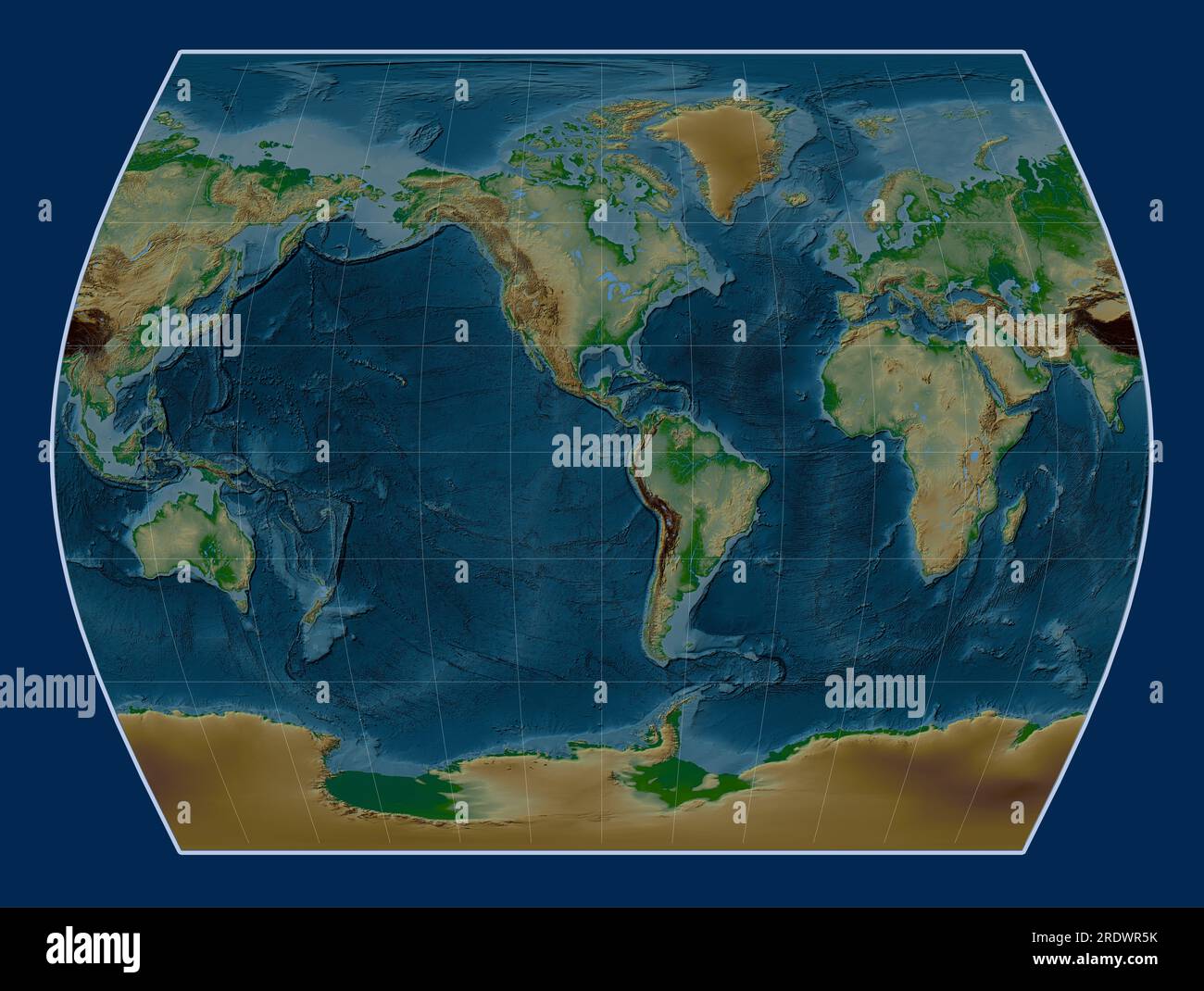 World physical elevation map in the Times projection centered on the ...