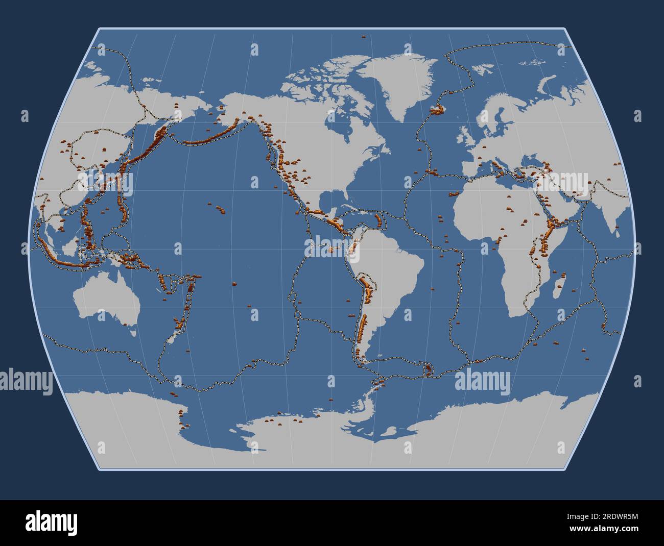 Distribution of known volcanoes on the world solid contour map in the ...