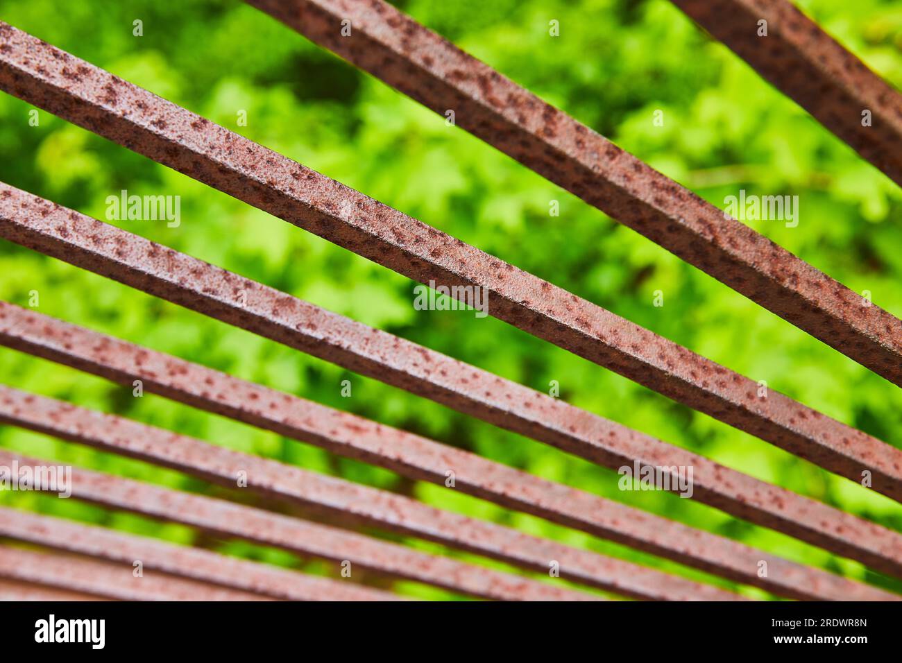 Rusty red and dark brown metal spokes with bright blurry green leaf ...