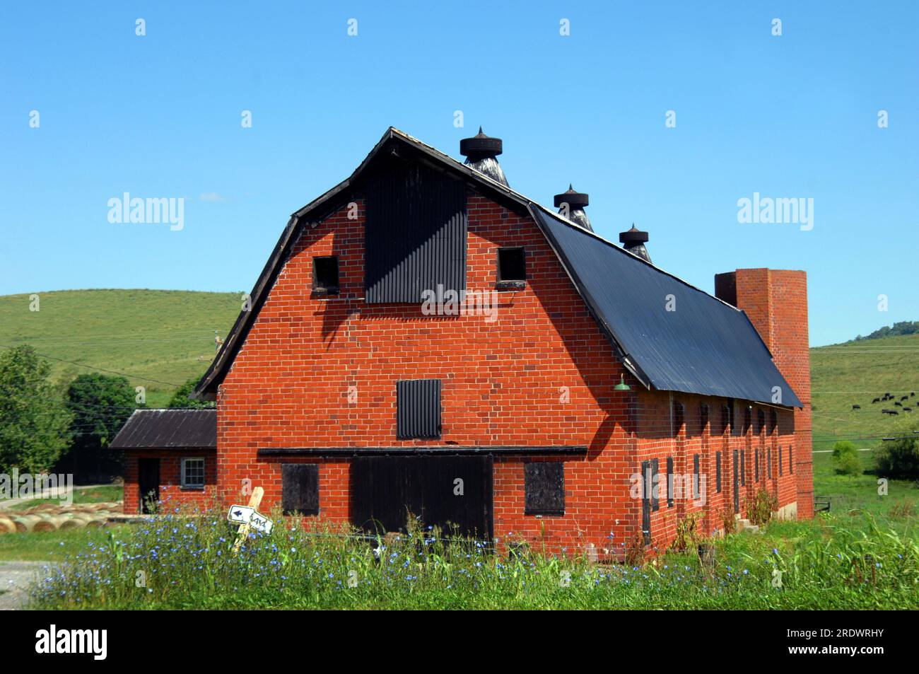 Big, red brick barn has tin roof and roof vent. Mountain behind barn ...