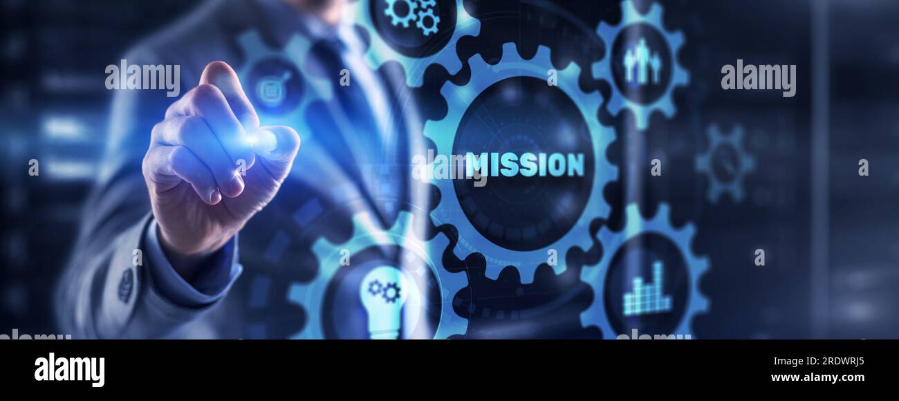 Bisinessman hand touching button mission. Finance background Stock ...