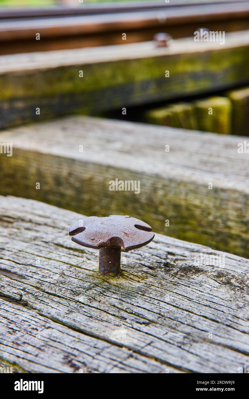 Cross shaped nail head on textured wood of distant blurred railroad ...