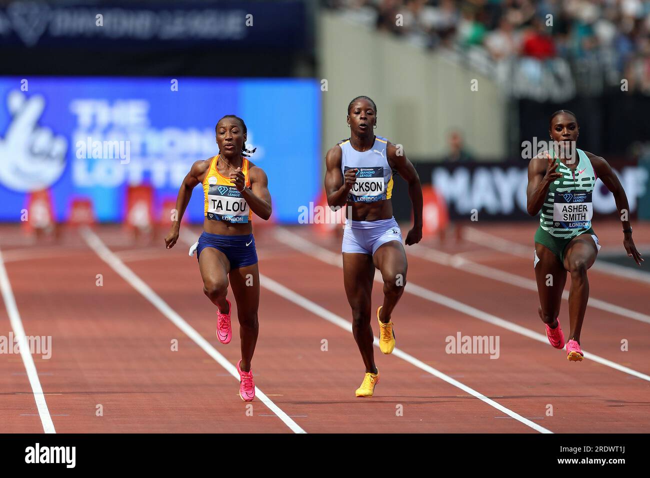 The first three in the 100m (Marie-Josée TA LOU, Dina ASHER-SMITH ...