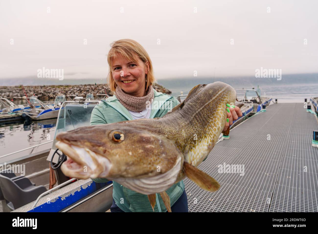 Happy Fisherwoman holding big arctic cod. Norway happy fishing. Woman ...