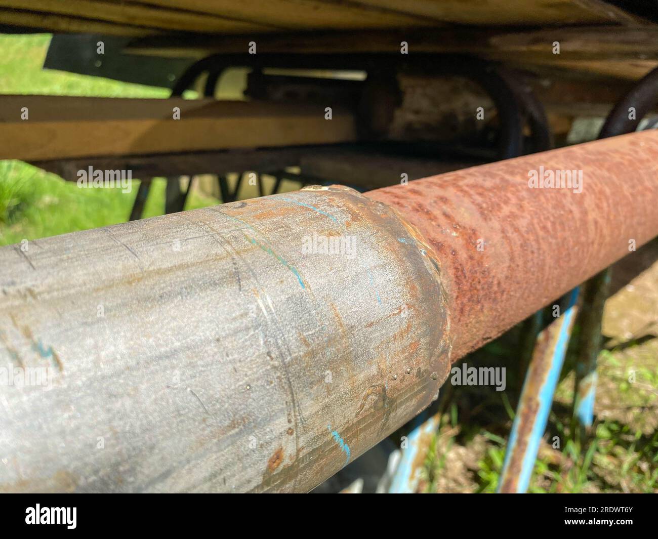 Weld joint between iron metal industrial old rusty pipe and new ...