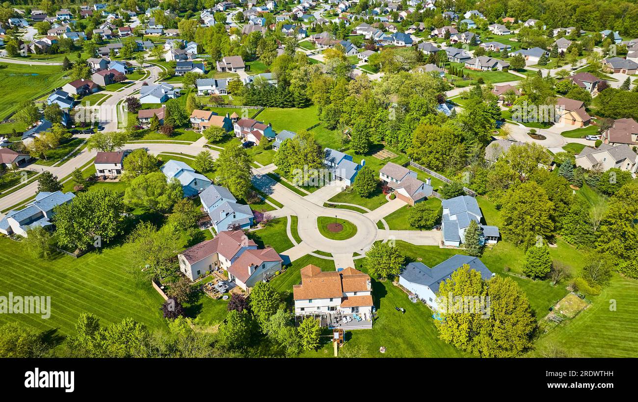 Large overlook of suburban neighborhood homes and houses aerial Stock ...