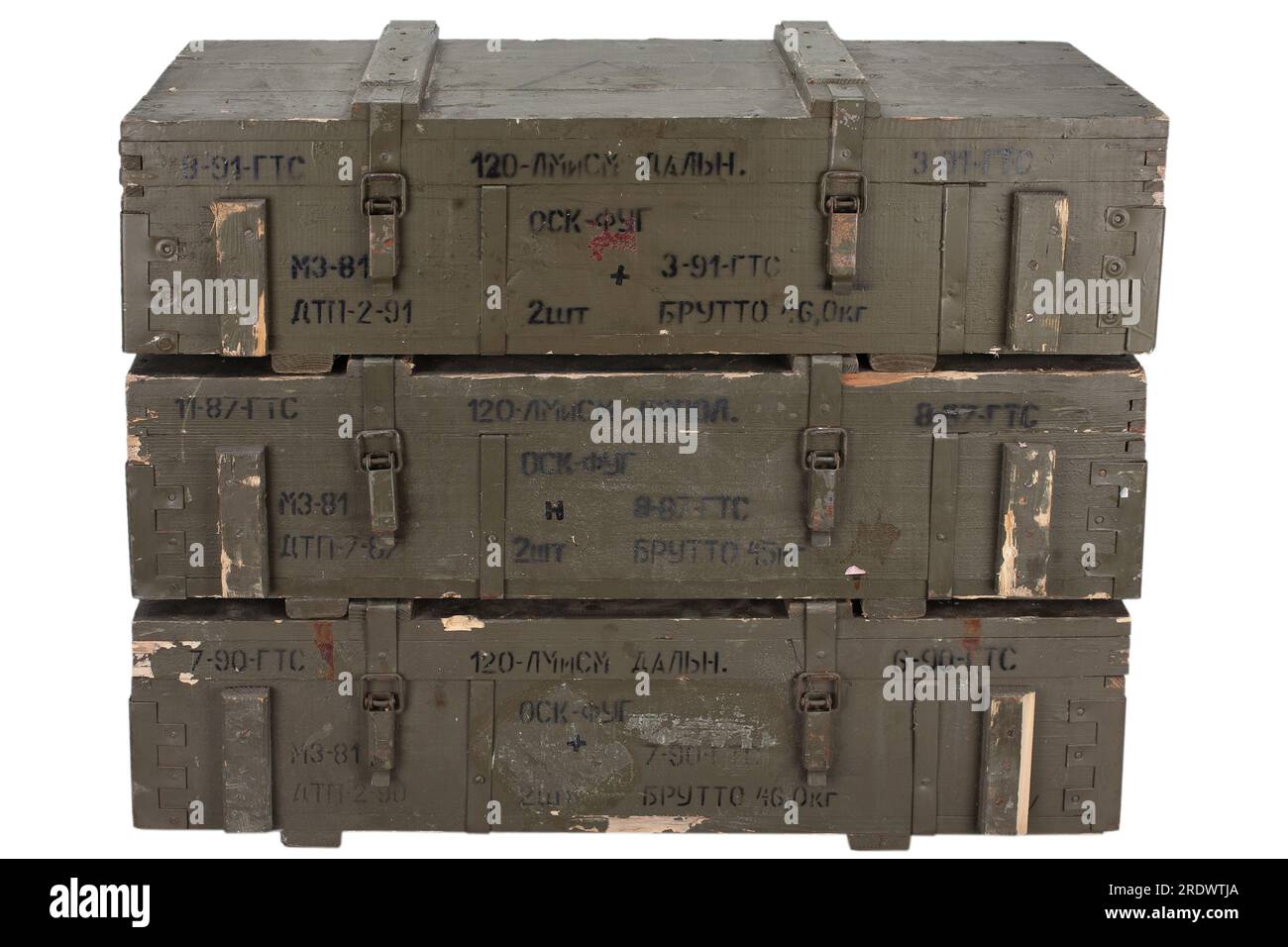 Soviet army ammunition stack of green crates. Text in russian - type of ...