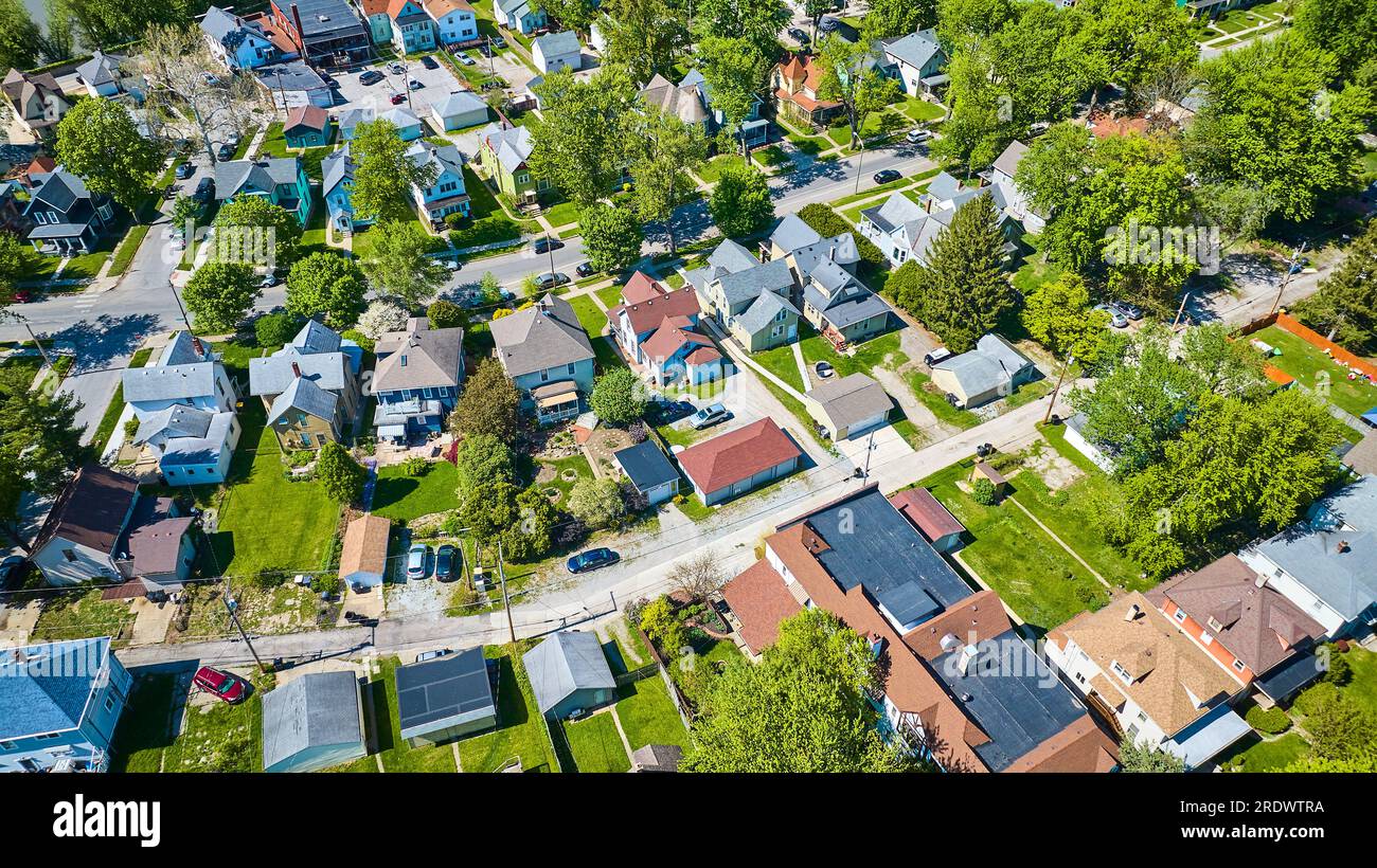 Aerial suburban homes two stories tall houses in neighborhood during ...