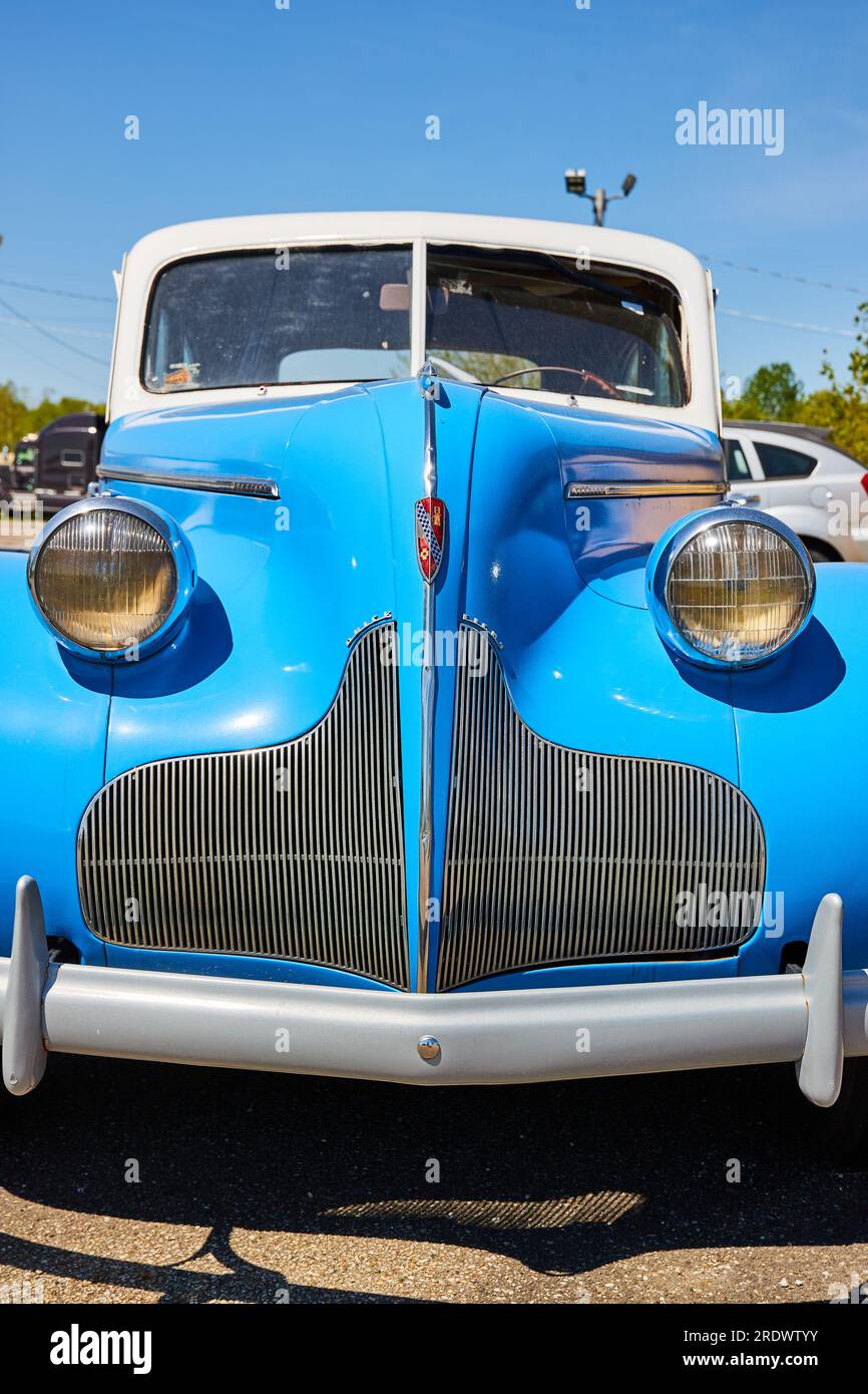 Vintage sky blue old Buick car, white cab with windows, large ...