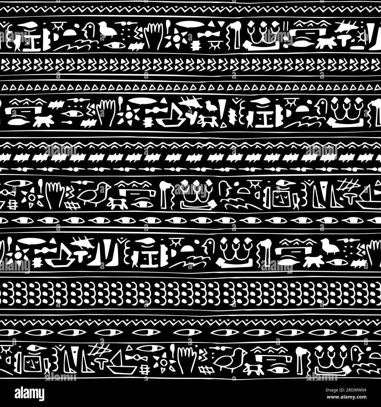 Egyptian imaginary theme monochrome black white vector line seamless ...