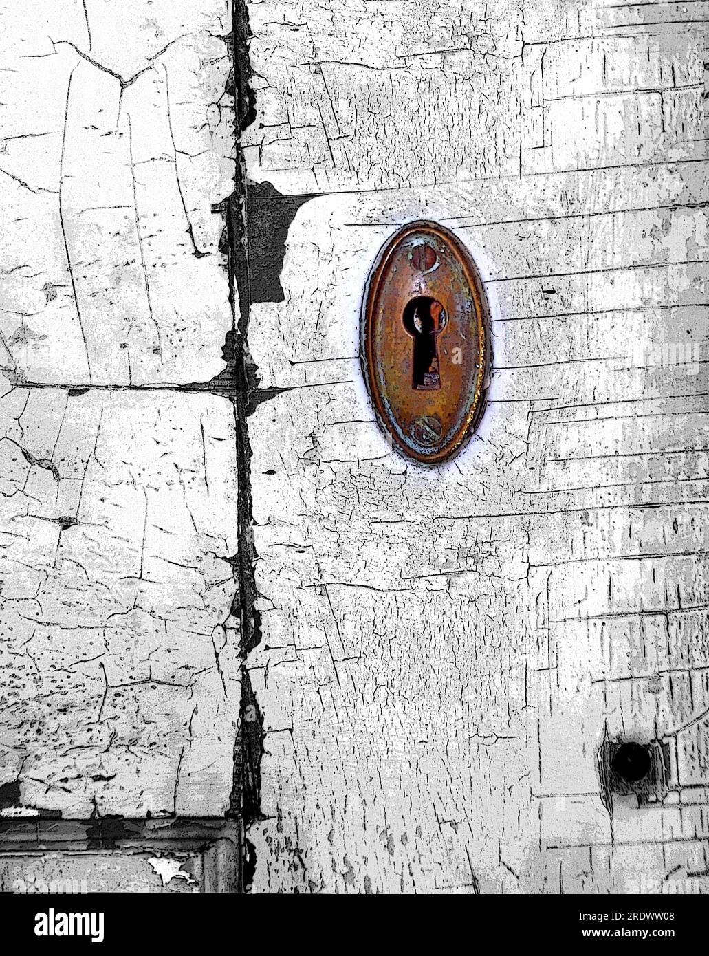 Background image shows antique keyhole. Door facing is cracked and ...