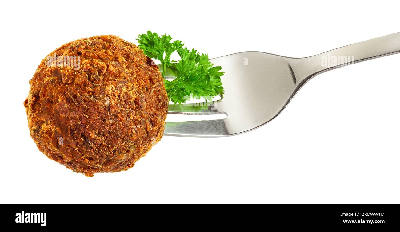 falafel ball on a fork isolated on a white background with full depth ...