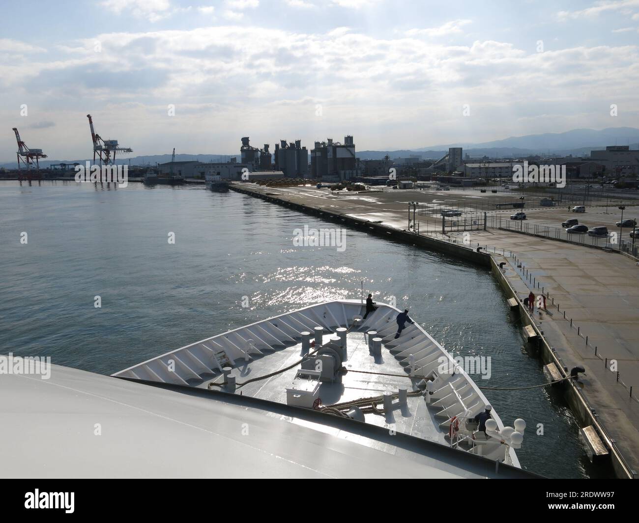 A cruise ship moors at the port of Kanazawa on the Japan Sea bringing ...
