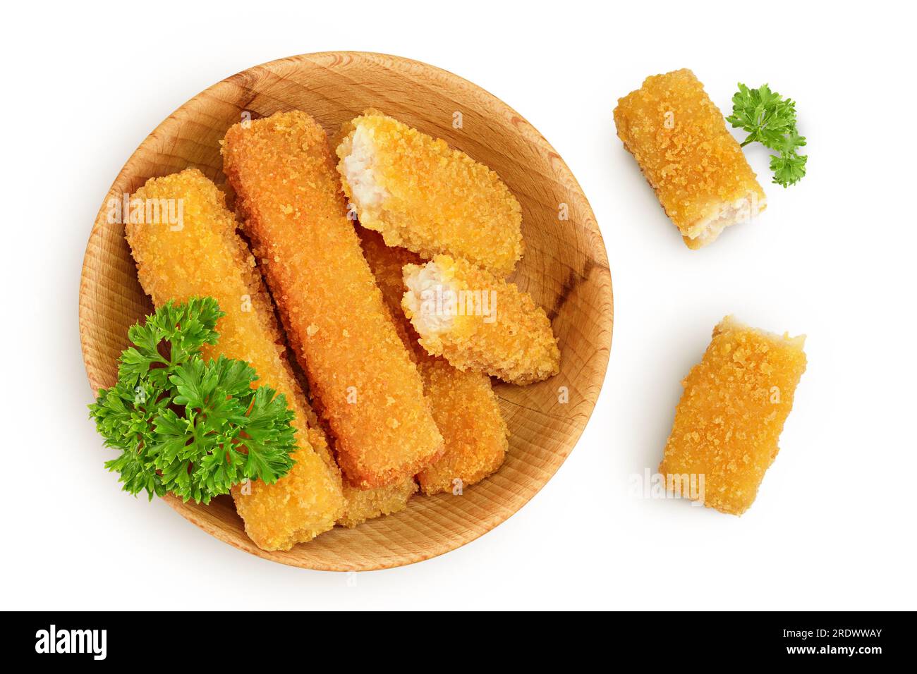 Fish finger or stick with parsley in wooden bowl isolated on white ...